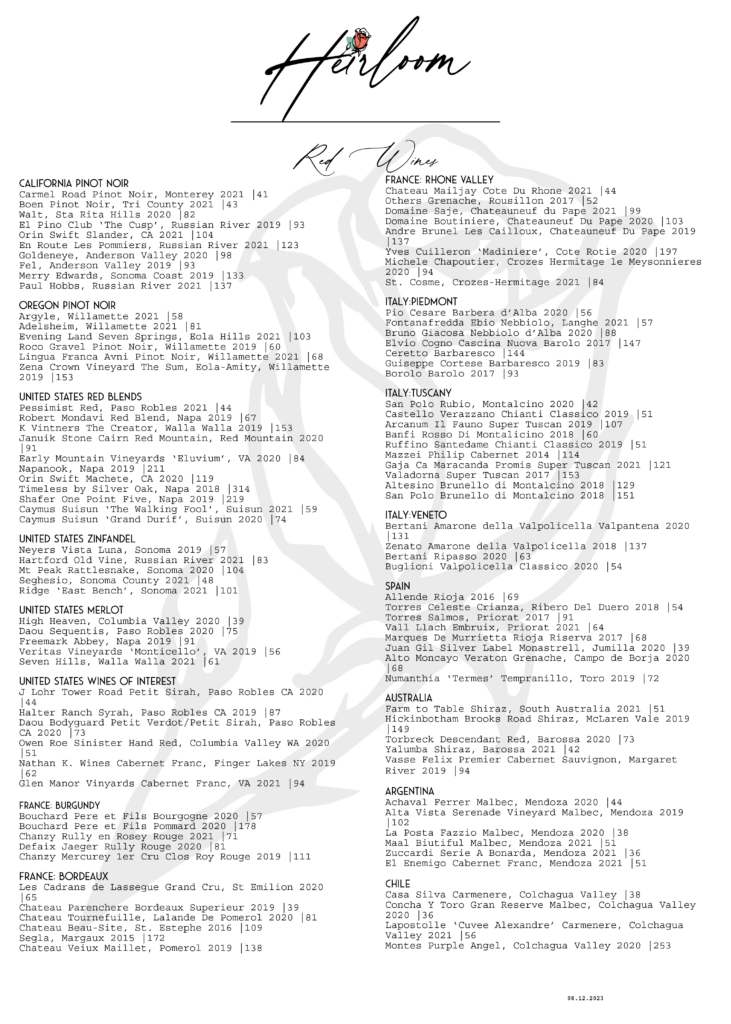 Drink Menu - Heirloom